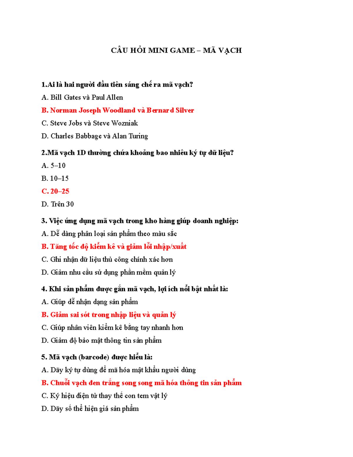 CÂU HỎI MINI GAME MÃ VẠCH - Học phần TT - Studocu