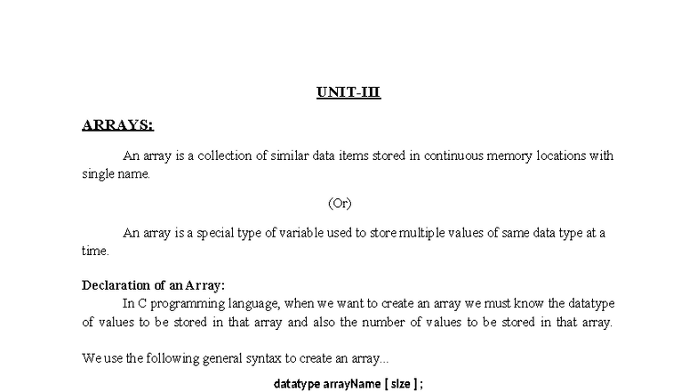 IP UNIT-III: Understanding Arrays and Memory Allocation in C - Studocu