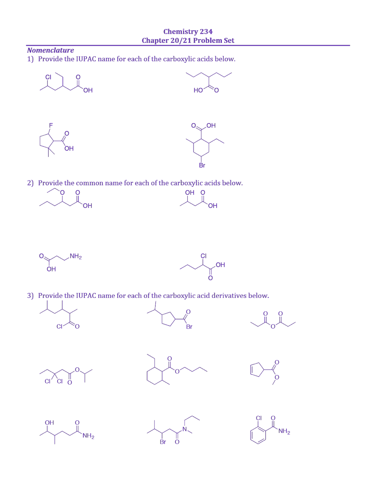 Chemistry 234 Chapter Problem Set: Carboxylic Acids & Derivatives - Studocu