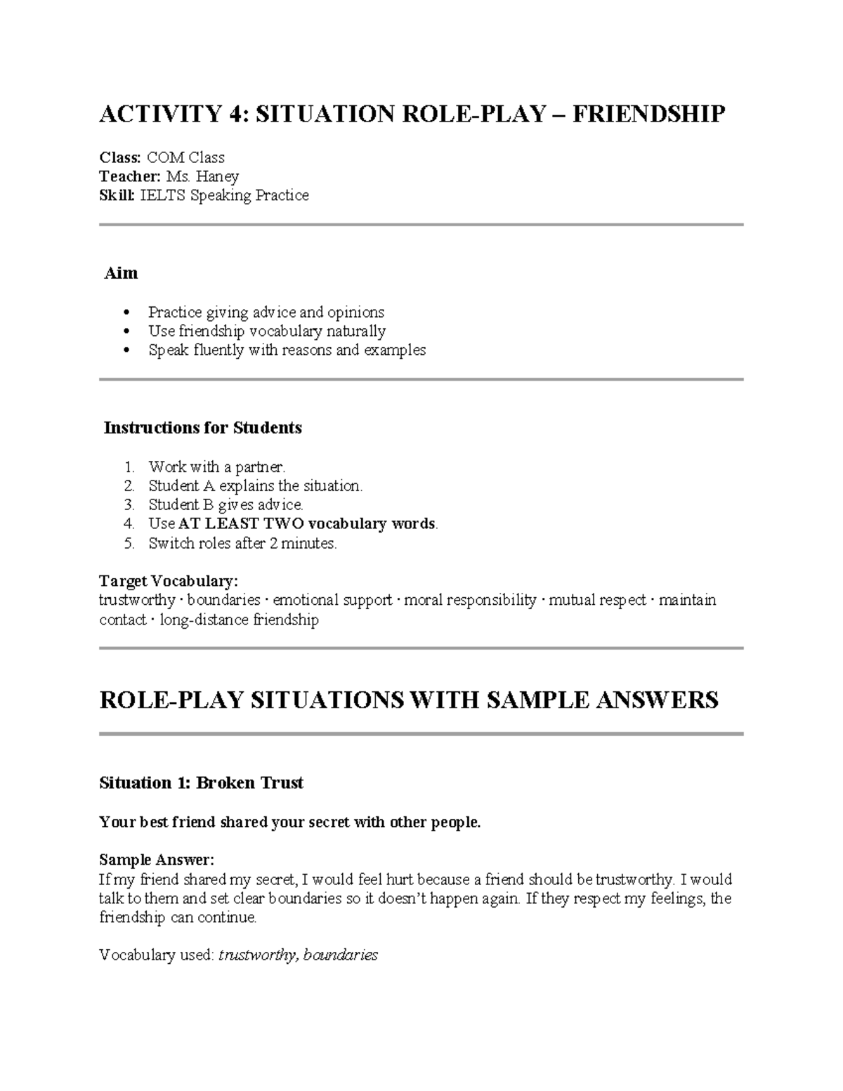 ACTIVITY 4: FRIENDSHIP SITUATIONS - IELTS SPEAKING PRACTICE - Studocu