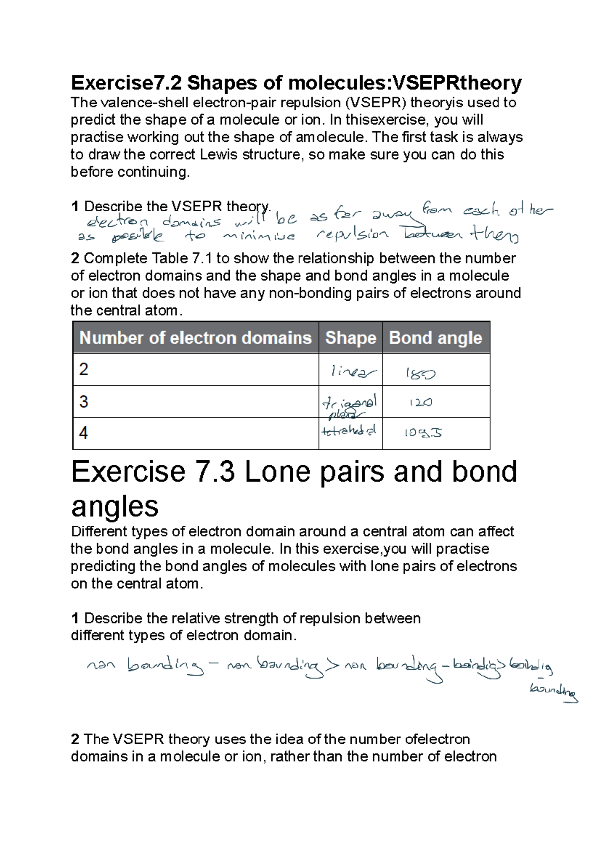 Exercise 7.2 & 7.3: VSEPR Theory & Molecular Shapes Analysis - Studocu