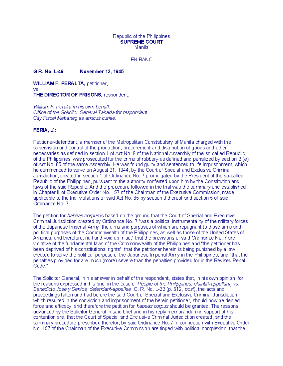 14) Peralta v. Director of Prisons [75 Phil. 285] - Republic of the ...