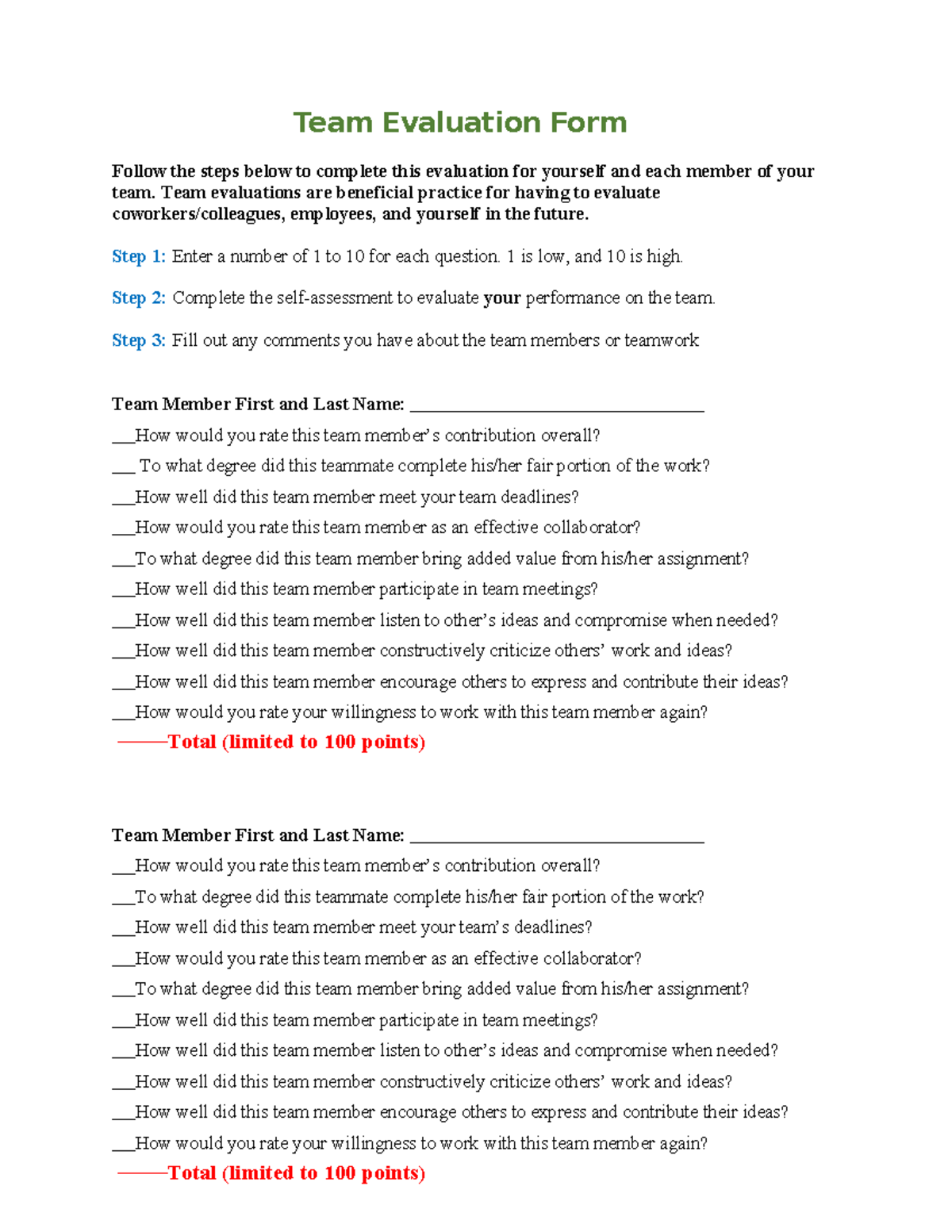 Team Evaluation Form Tecm 2700 (updated 12 - Team Evaluation Form ...