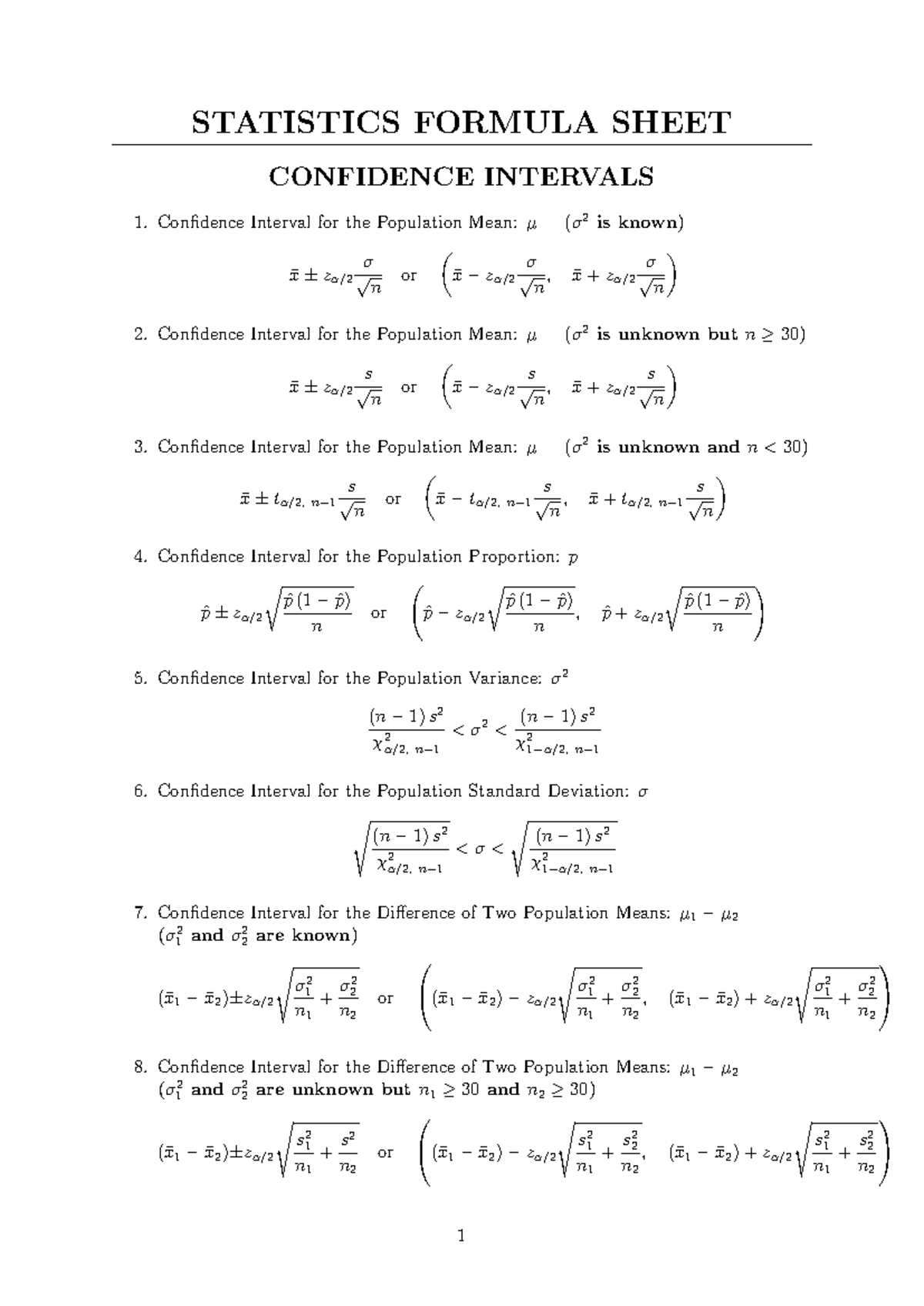 Statistics Formula Sheets - STATISTICS FORMULA SHEET CONFIDENCE ...