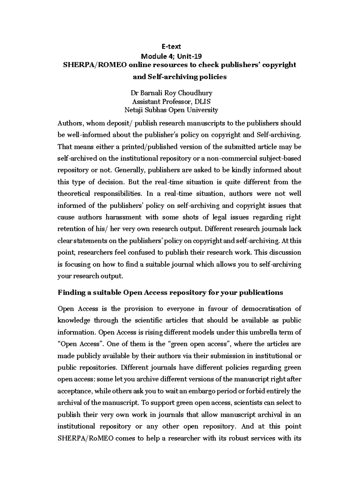 E-text (Unit-19) Wk4 - Understanding SHERPA/RoMEO for Self-Archiving ...