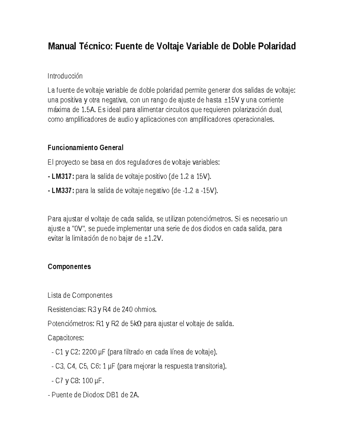 Manual Técnico: Fuente de Voltaje Variable Doble Polaridad (±15V) - Studocu