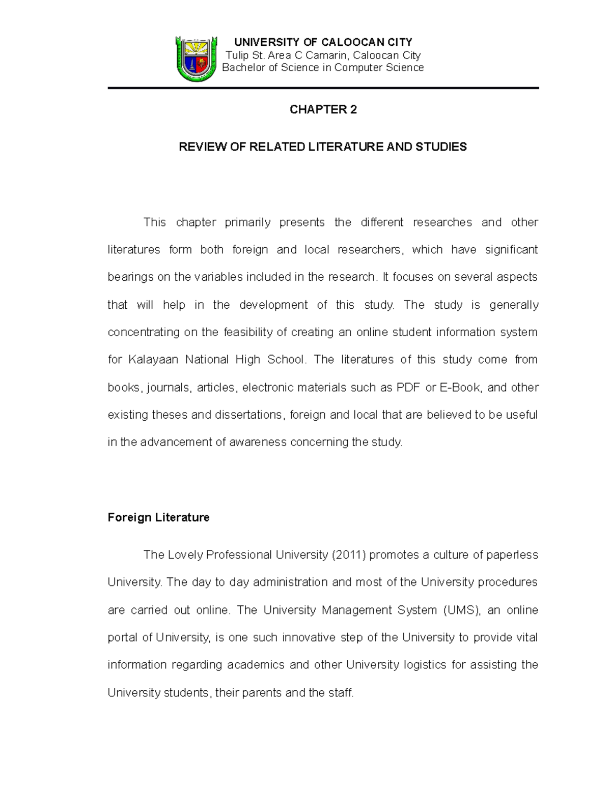 Chapter 2 Review OF Related Literature A - Bachelor of Science in Computer Science CHAPTER 2 ...