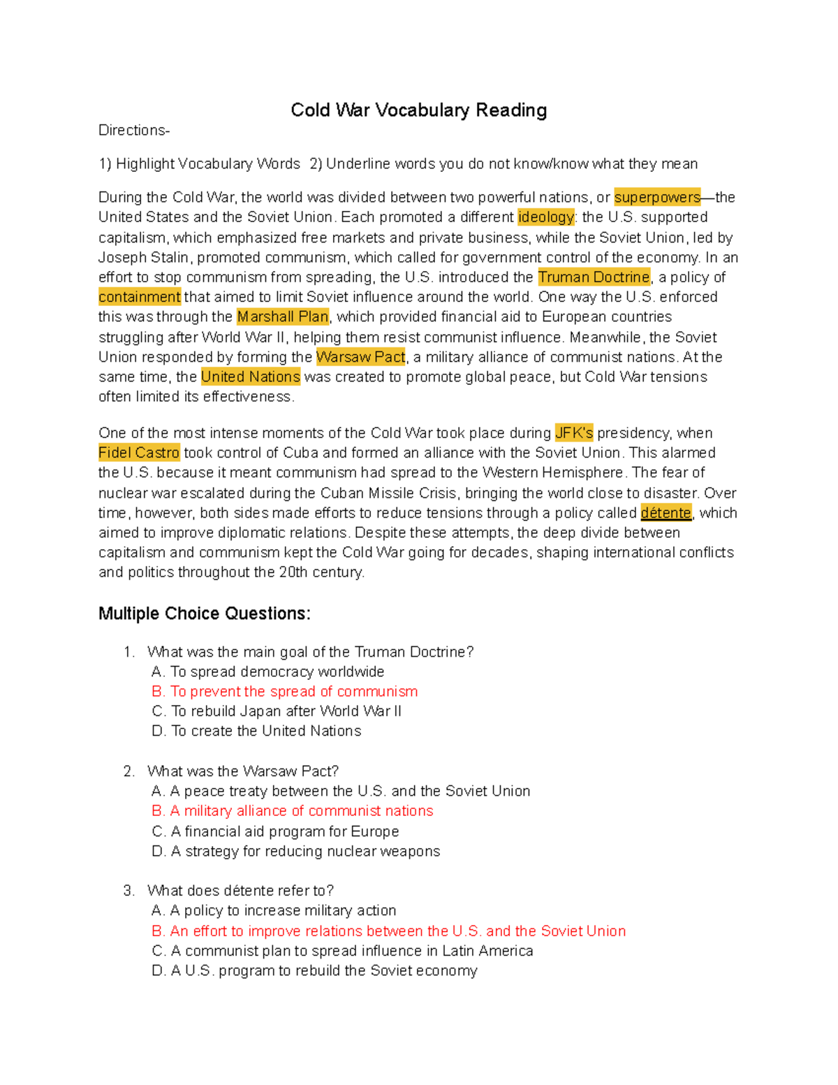 Cold War Vocabulary Reading - Key Terms & Questions - Studocu