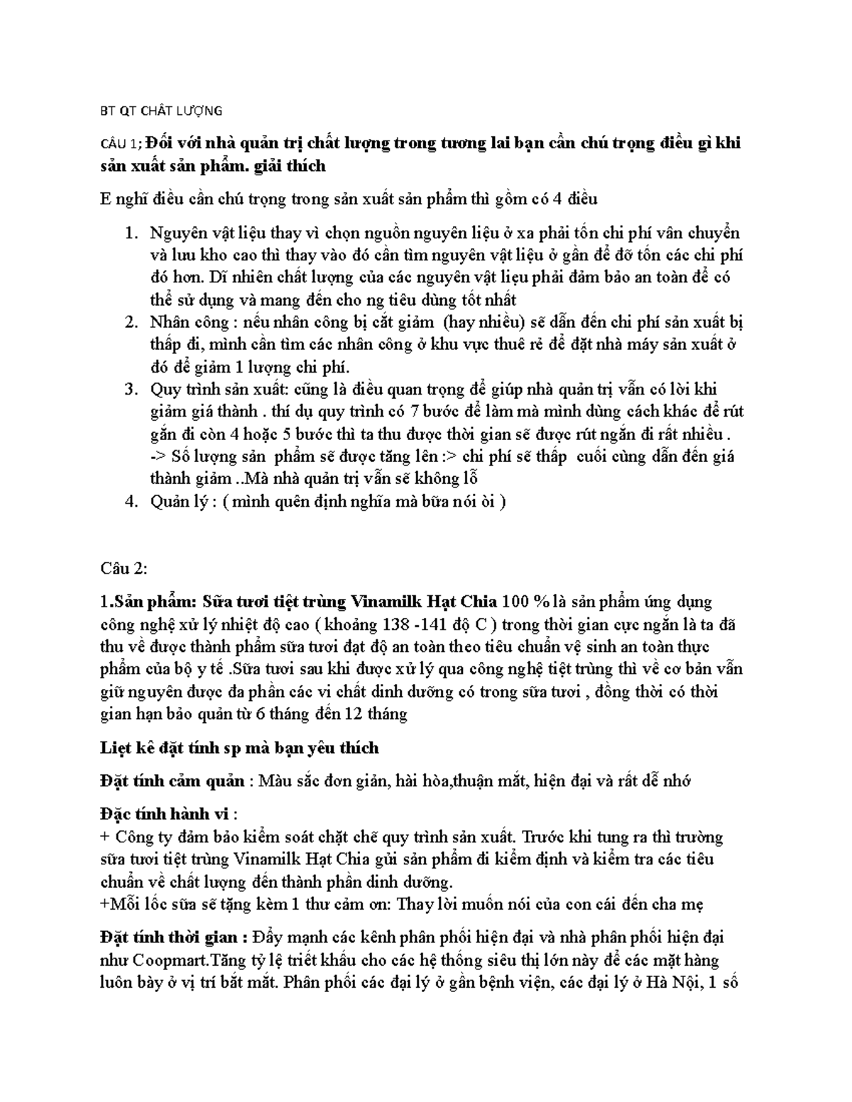 BT QT CHẤT LƯỢNG: Phân Tích Quy Trình Sản Xuất và Cải Tiến Sản Phẩm - Studocu