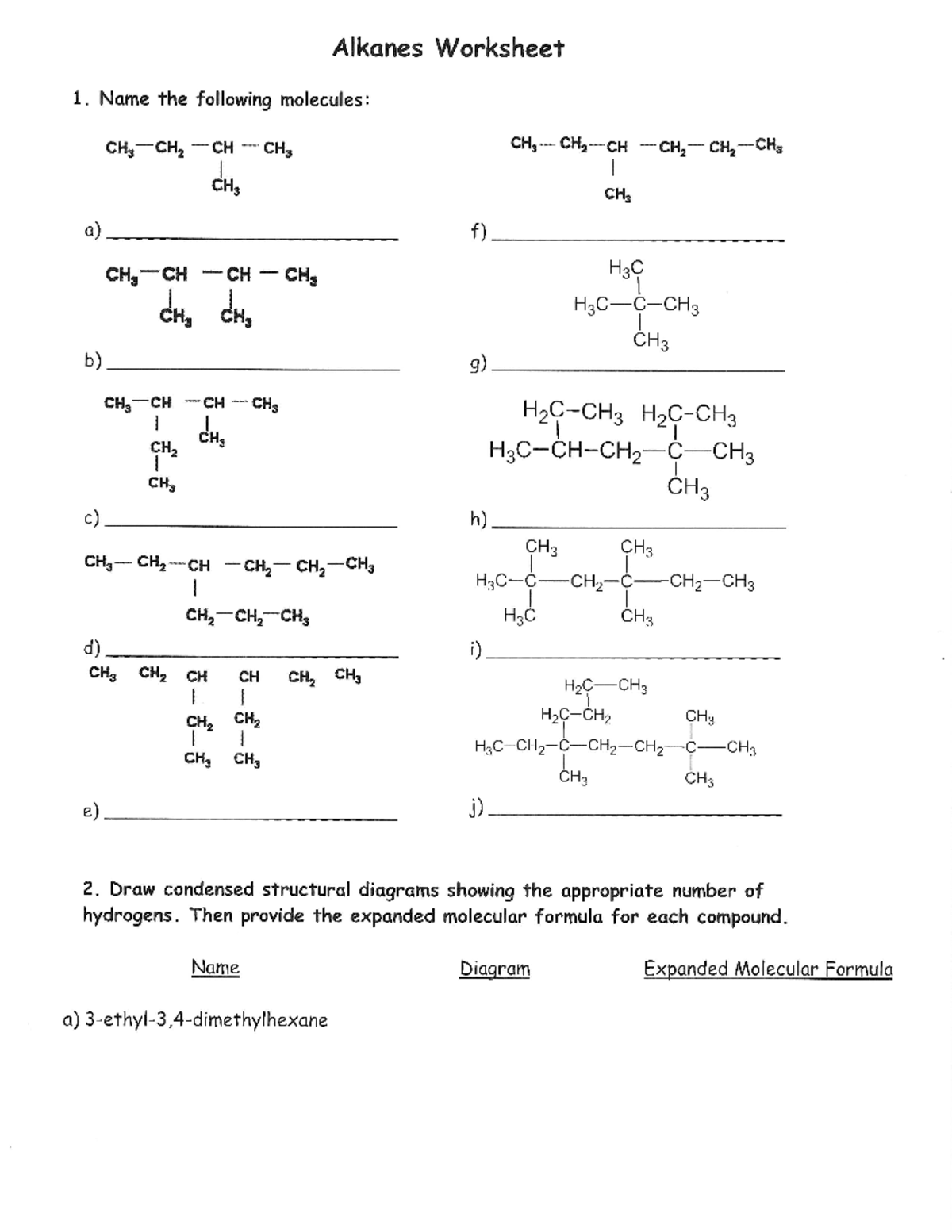 Naming Alkanes Worksheet