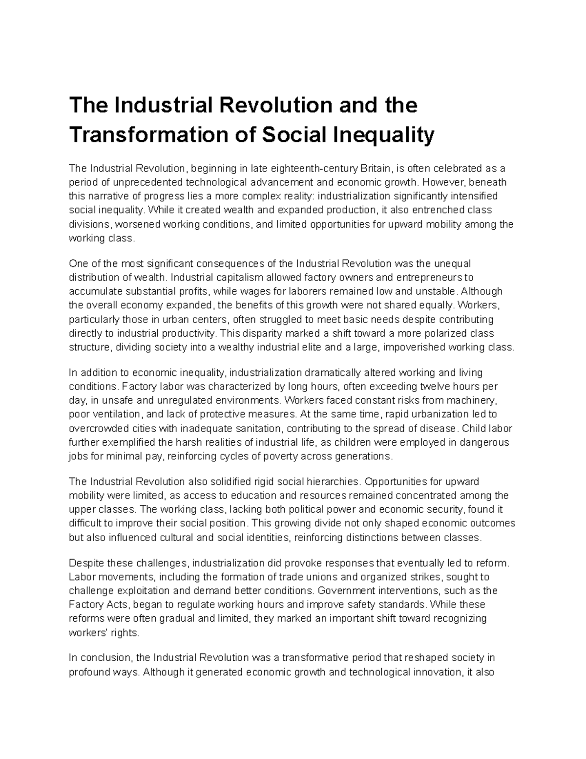 The Industrial Revolution: Social Inequality and Class Divisions - Studocu