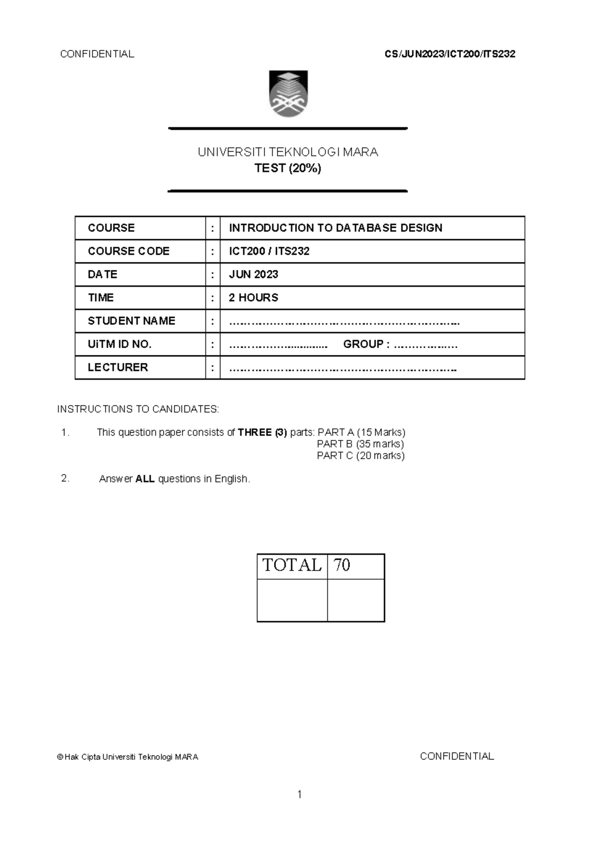 ICT200 Test - Introduction to Database Design Answers (Jan 2022) - Studocu
