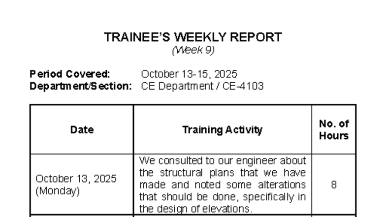 CE Department Weekly Report - Week 9 (Oct 2025) - Studocu