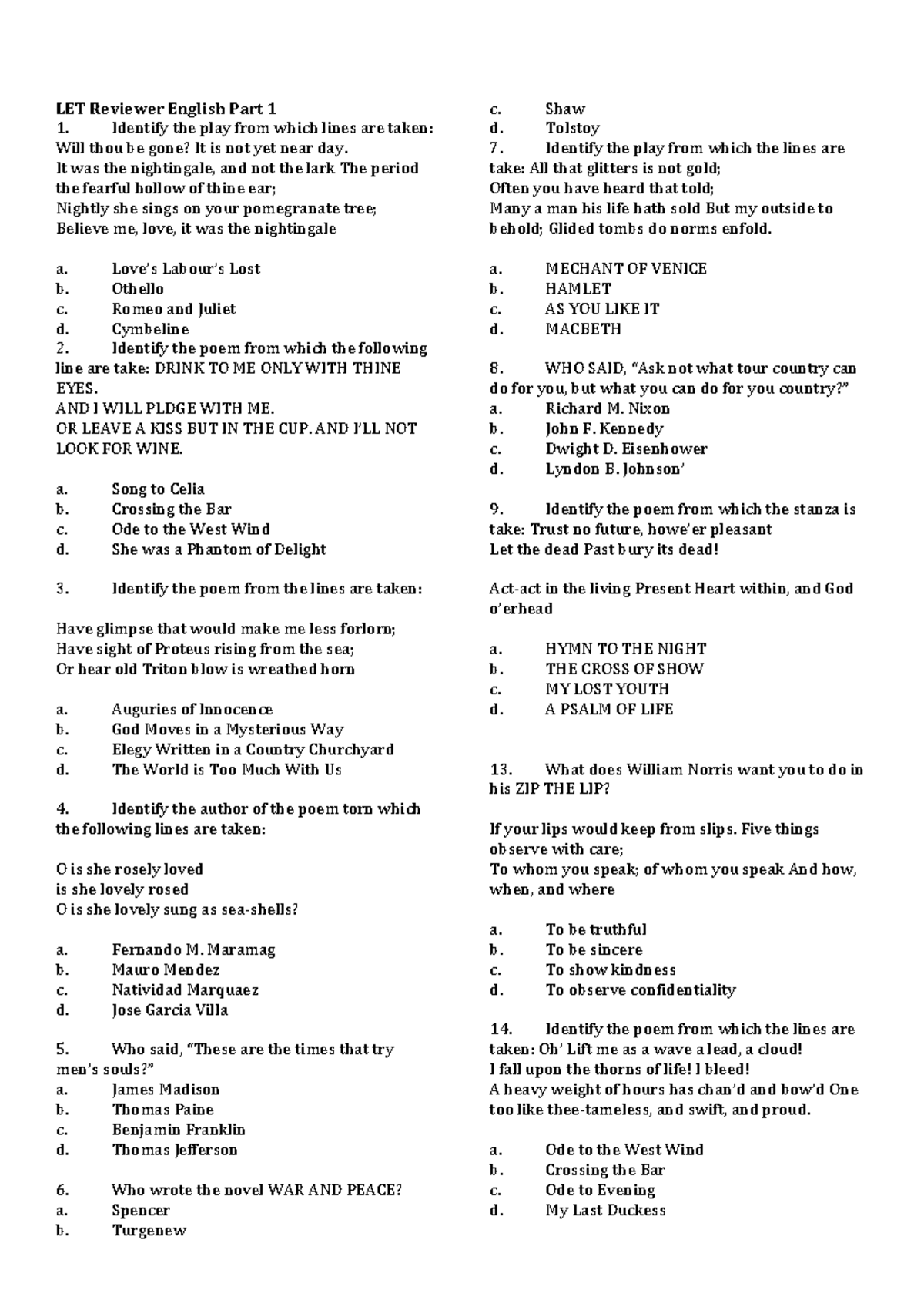 LET Reviewer: Major English Exam Part 1 Study Guide - Studocu