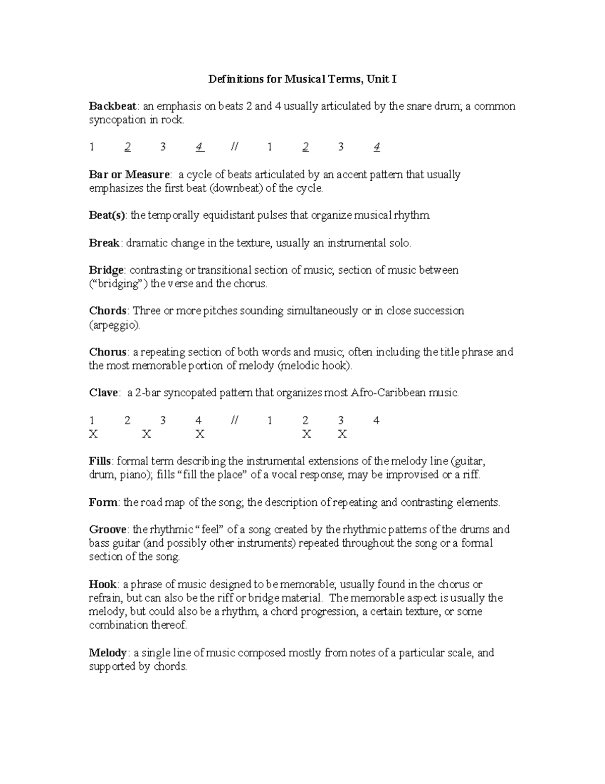 Definitions for Musical Terms - Unit I Study Notes - Studocu