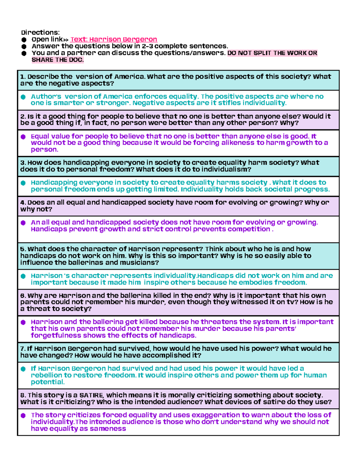 Copy of Harrison Bergeron Questions - Directions: Open link>> Text ...