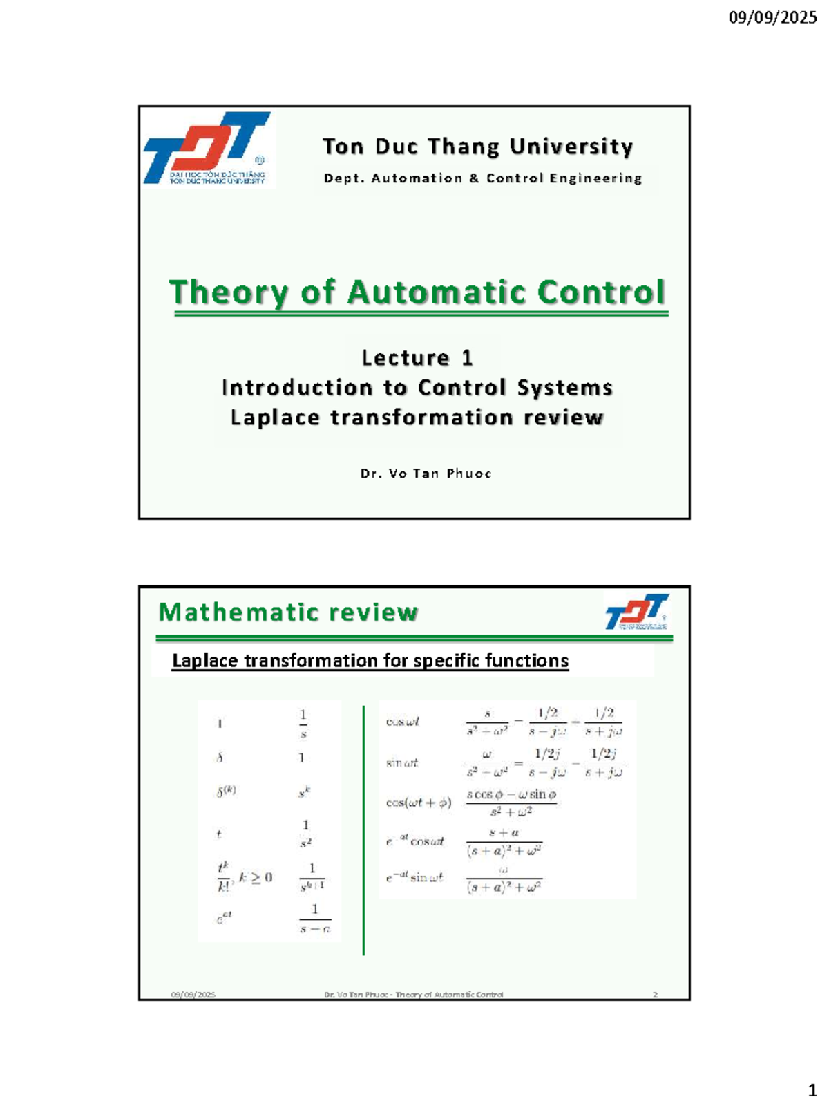 403036 Theory of Automatic Control Lecture 1: Laplace Transform Review ...