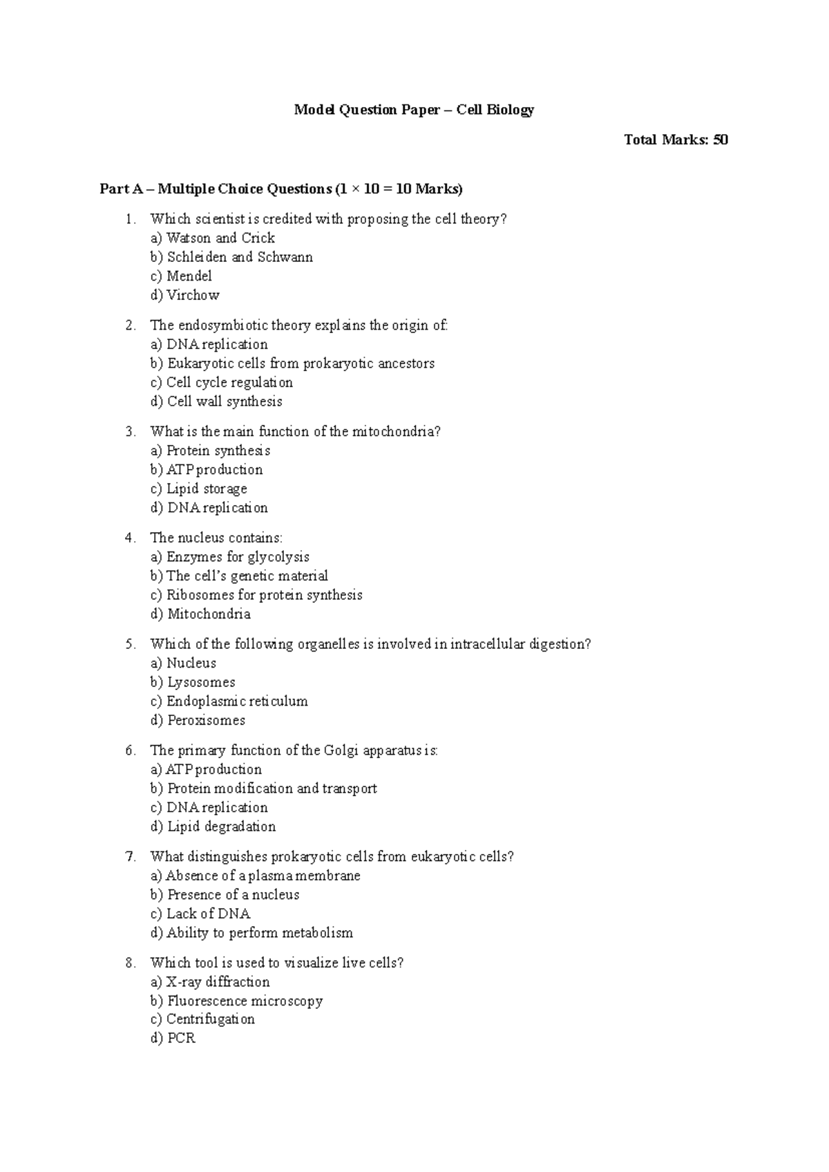 Model Question Paper - Cell Biology (CB) - MCQs for 50 Marks - Studocu