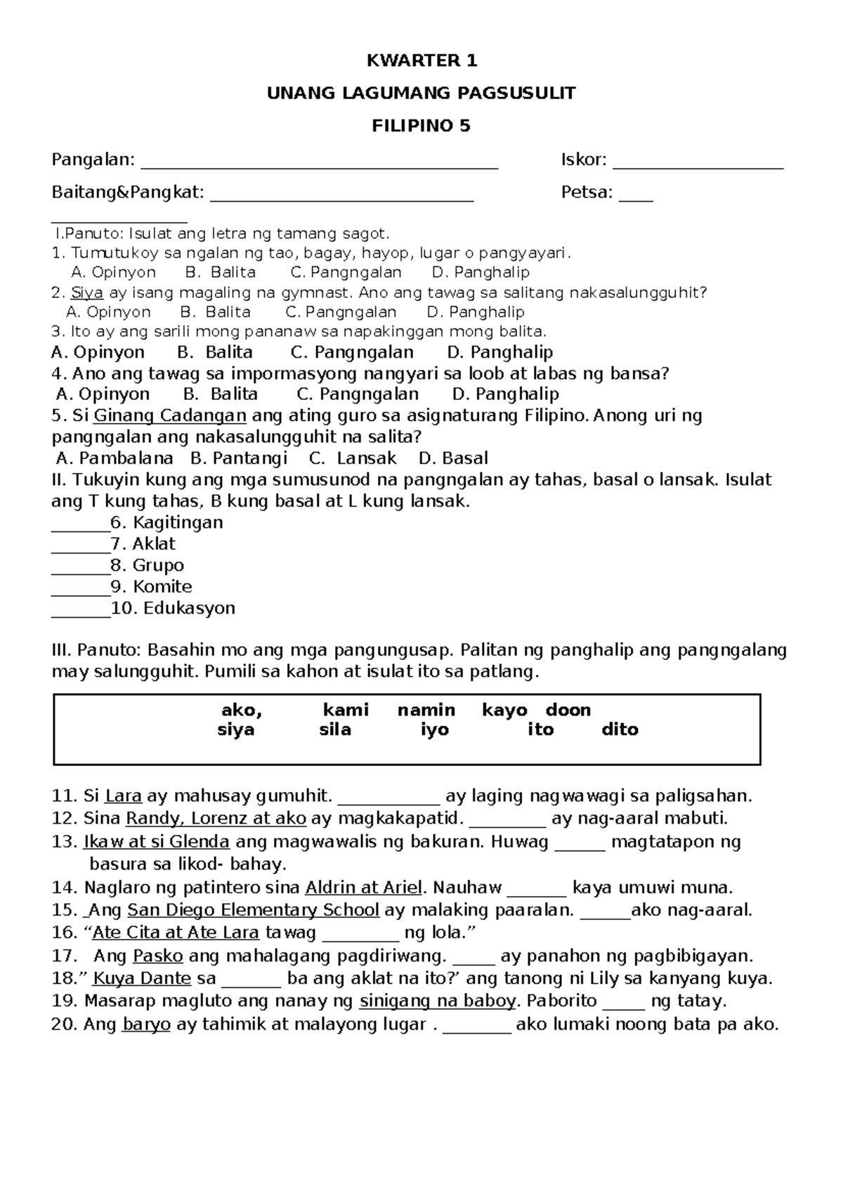 Filipino 5 Q1 Summative Test Questions and Answer Guide - Studocu