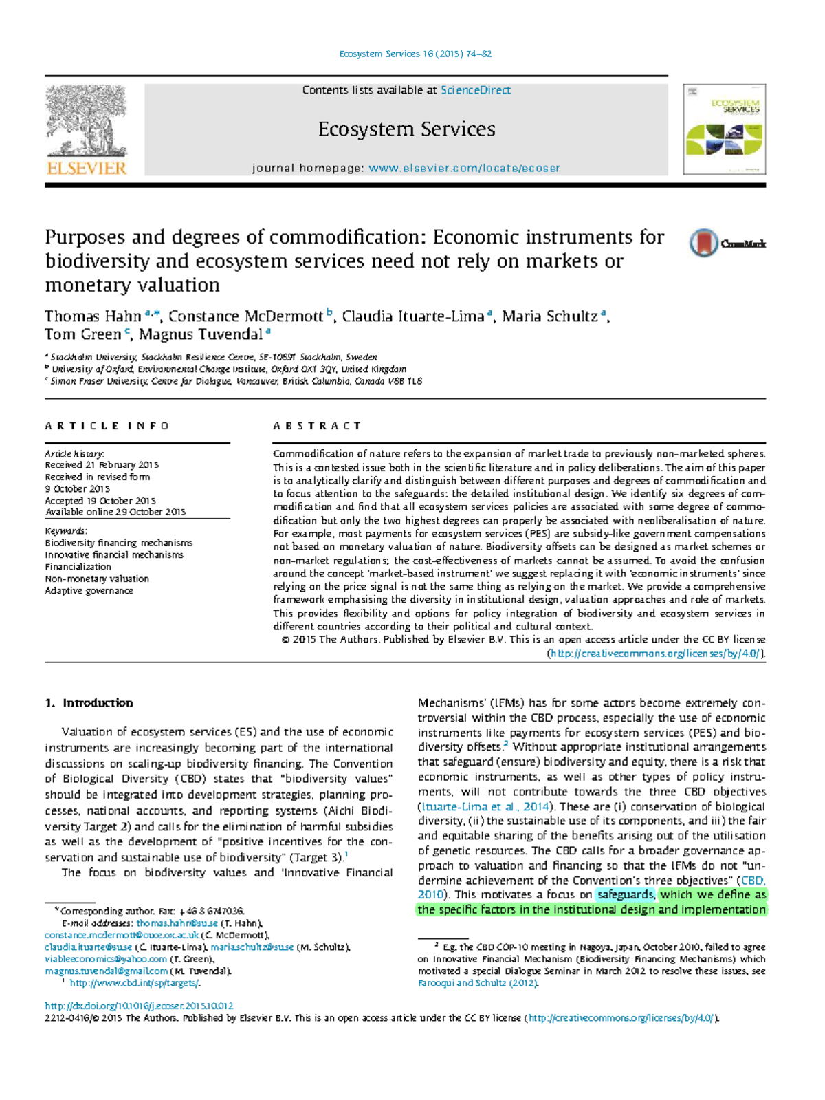 Economic Instruments for Biodiversity & Ecosystem Services (2015) - Studocu