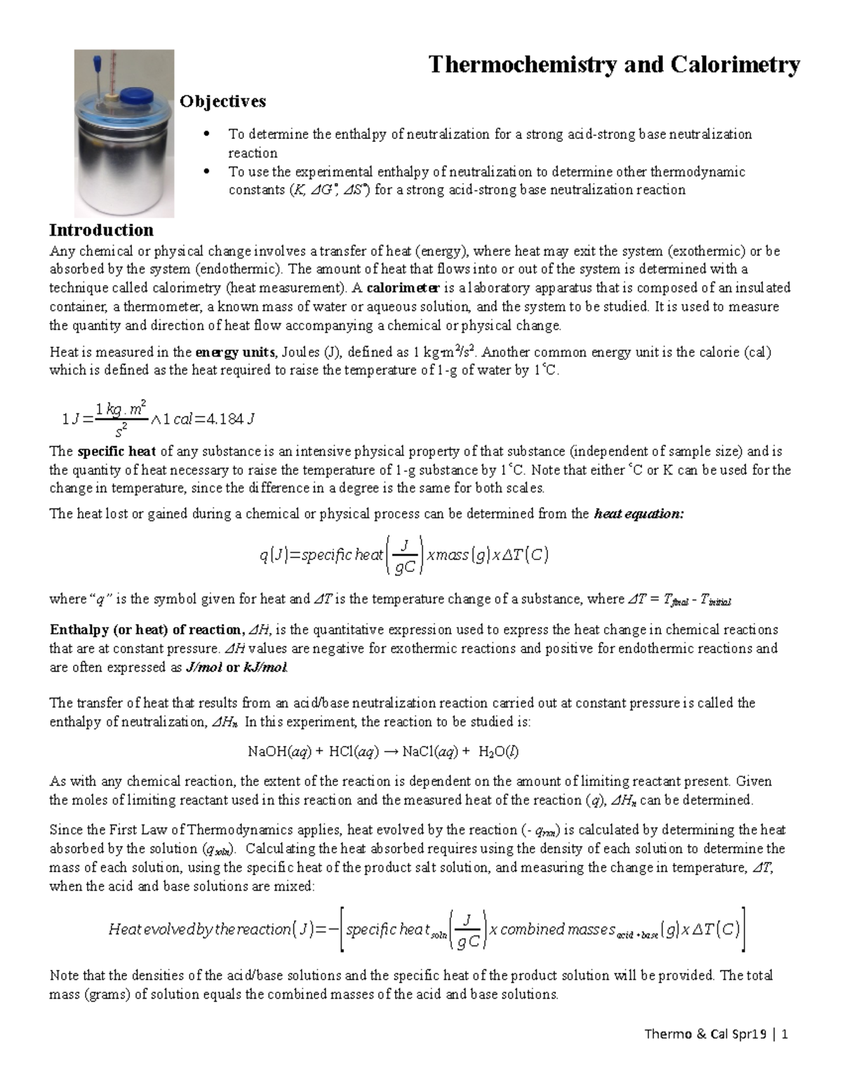 Thermochemistry and Calorimetry Lab Report: Enthalpy of Neutralization ...