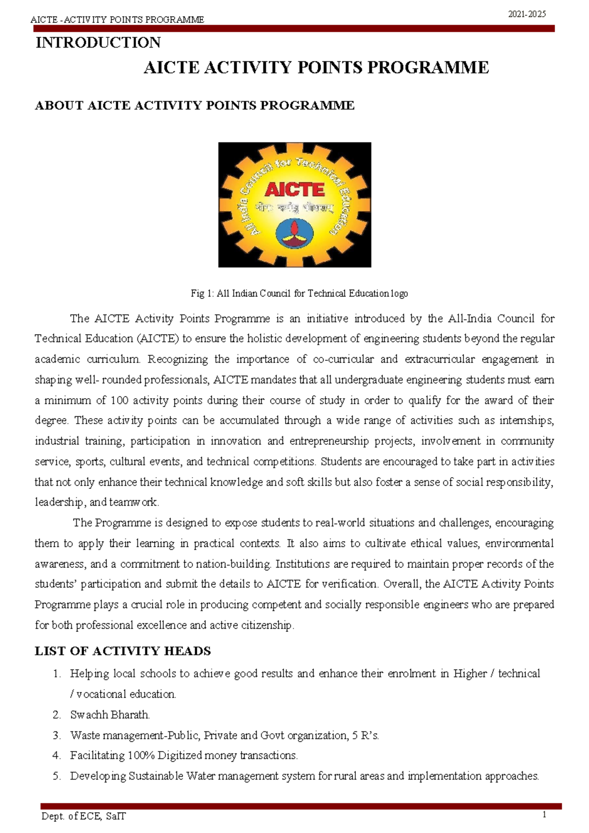 AICTE Activity Points Programme: Final Report on Student Engagement ...