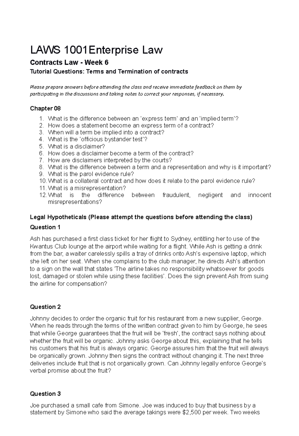 Contract III - Tutorial guides with problem questions - LAWS ...