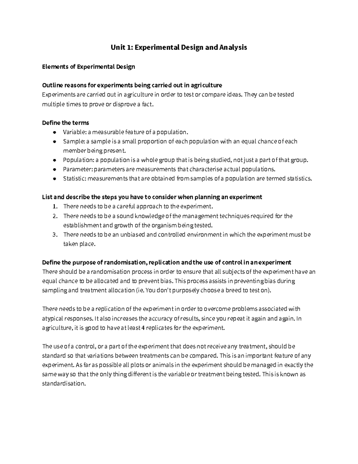 Prelim Ag Unit 1: Outline of Experimental Design Principles - Studocu