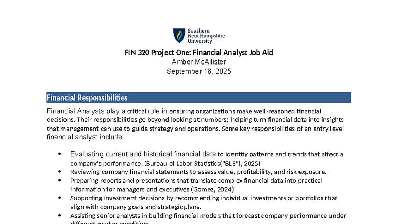 FIN 320 Project One Financial Analyst Job Aid - Their responsibilities ...