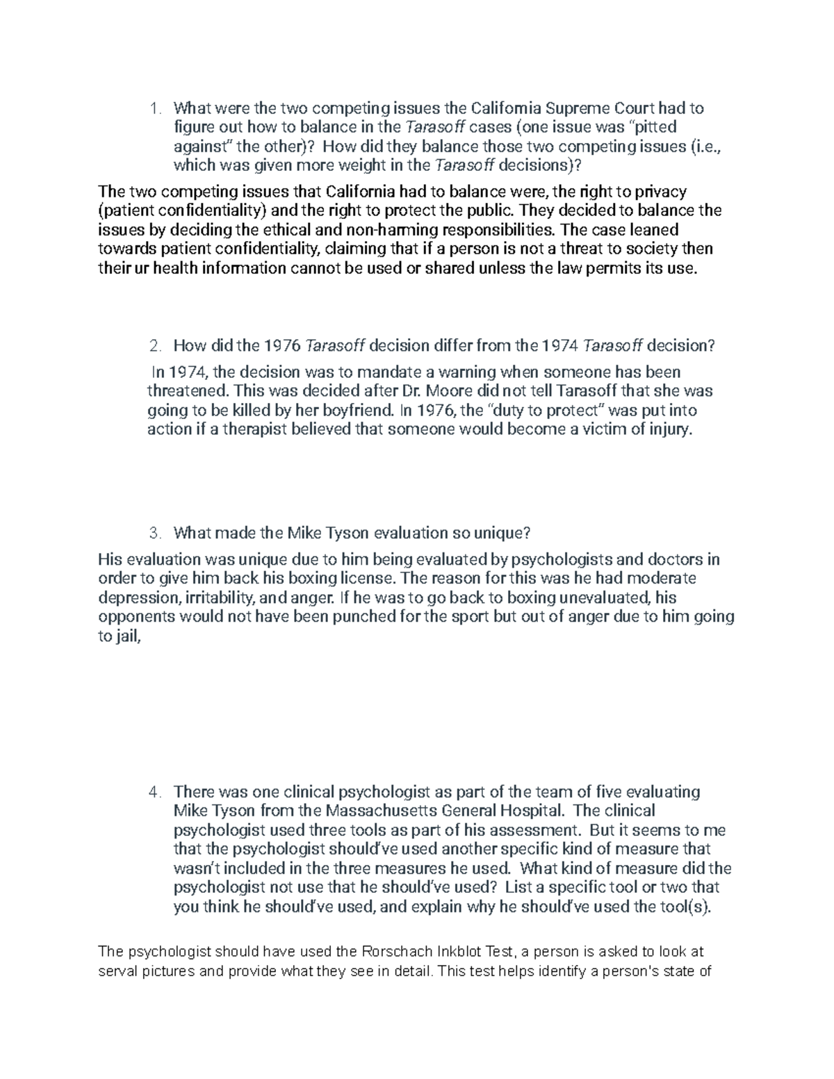 Journal 4 - Analyzing Tarasoff Cases and the Tyson Evaluation - Studocu