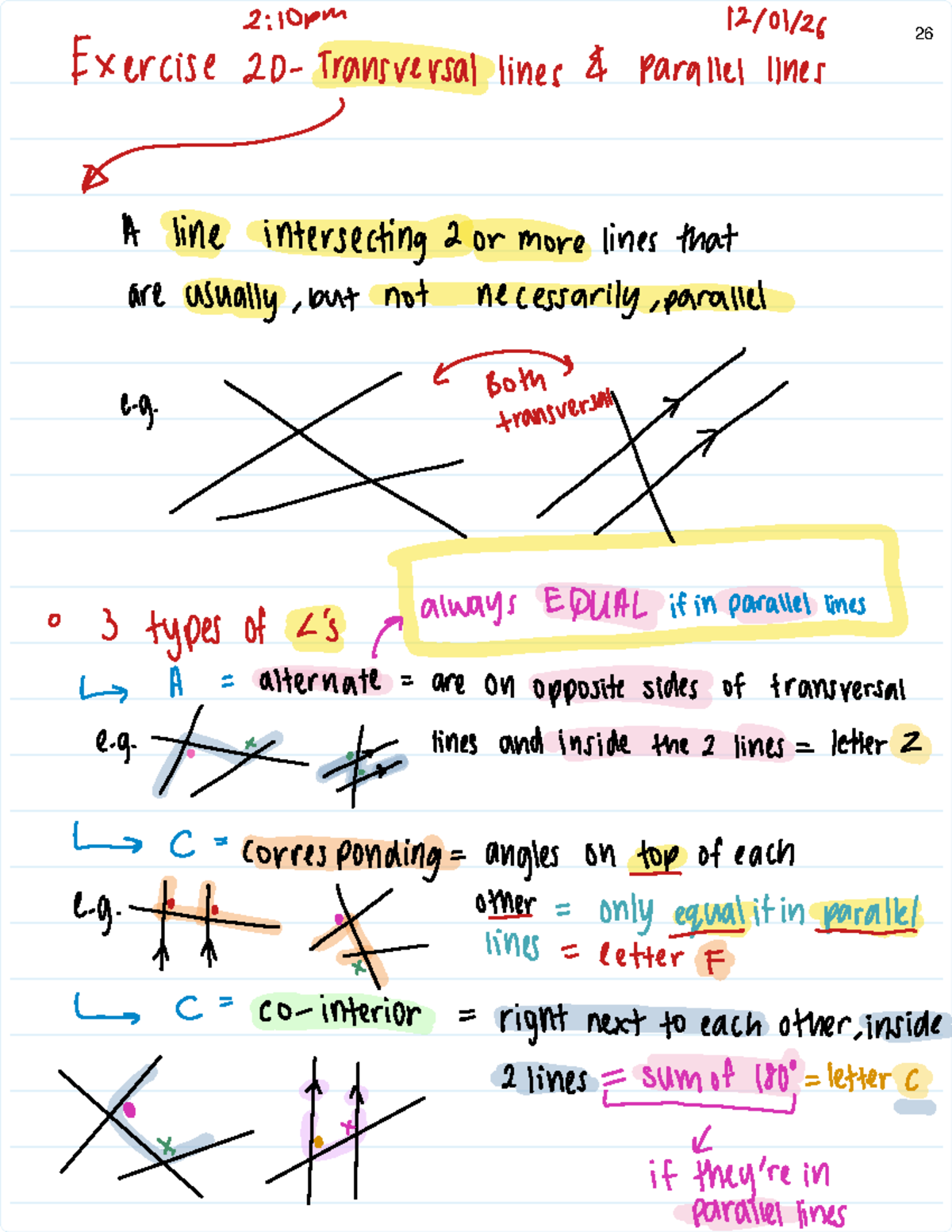 Math Notes: Transversal & Parallel Lines (2:10 PM Class) - Studocu