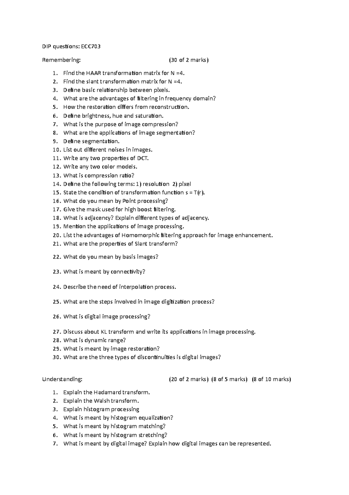 Digital Image Processing - DIP questions: ECC Remembering: (30 of 2 marks) Find the HAAR - Studocu