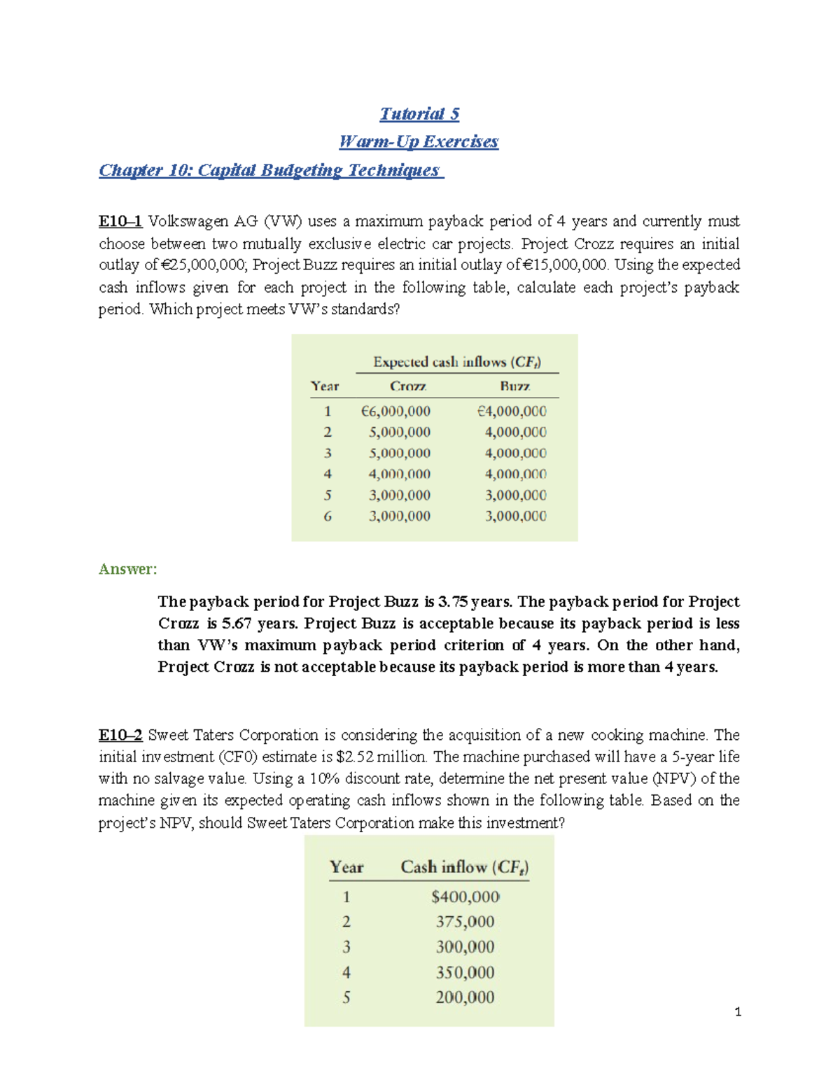 Tutorial 5 - Chapter 10: Capital Budgeting Techniques and Exercises ...