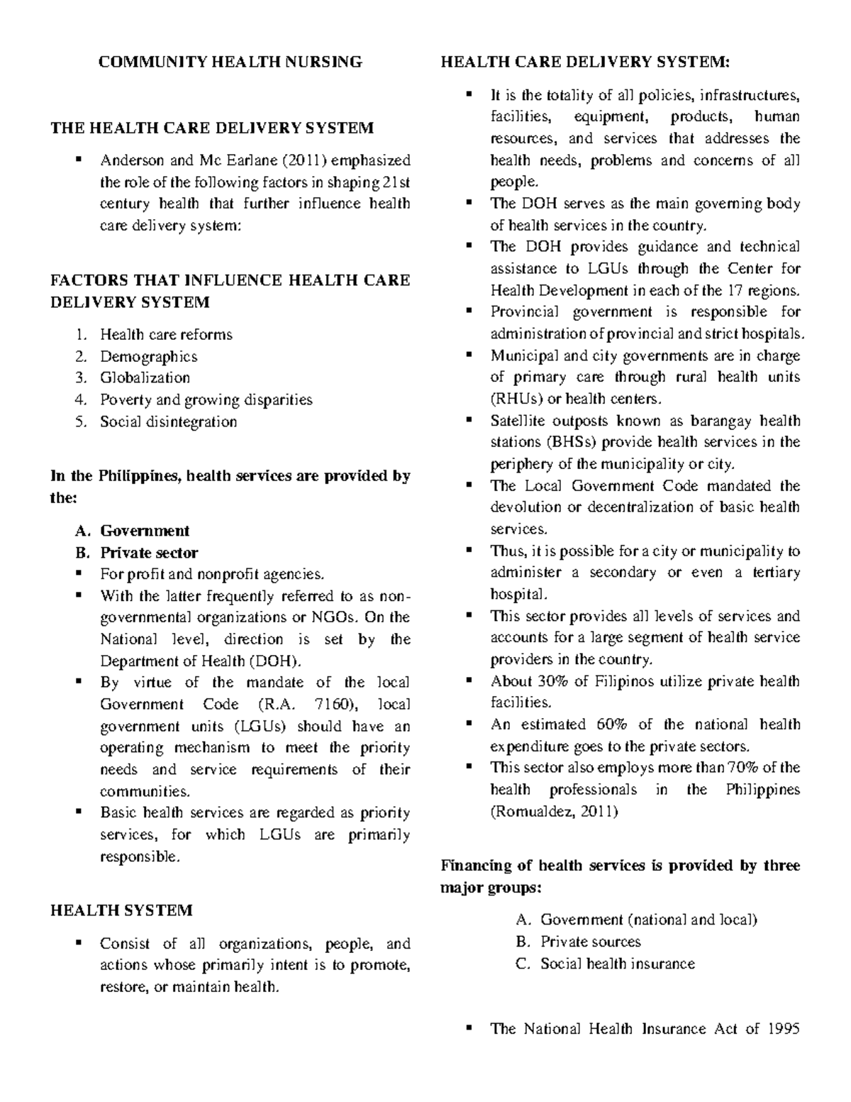 Community Health Nursing Lecture Notes: The Healthcare Delivery System ...