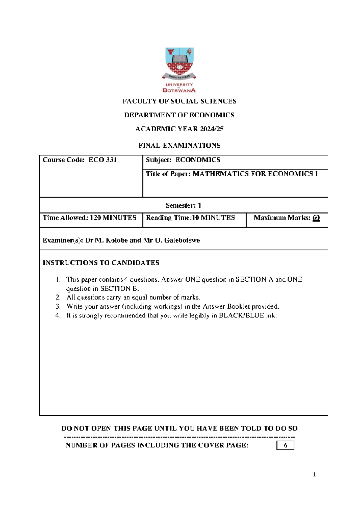 ECO 331 Final Exam Practice Materials - Mathematics for Economics I ...