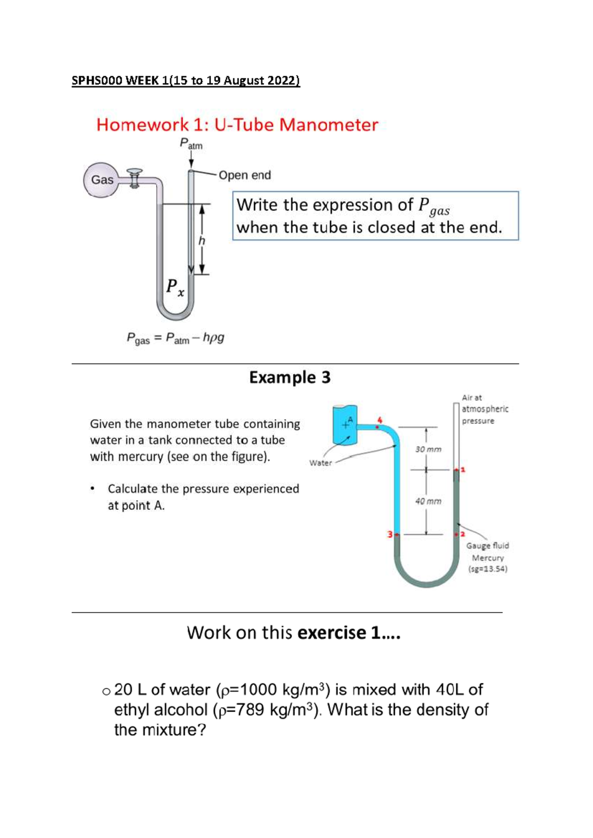 SPHS000 WEEK 1 - Homework: Manometer Pressure Calculations - Studocu