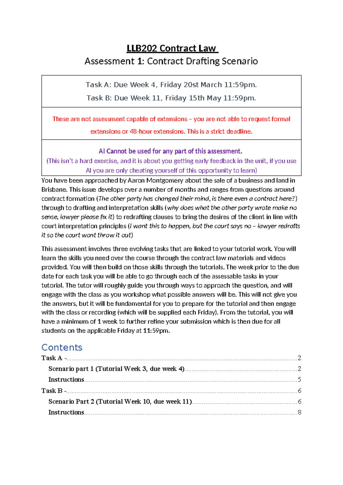LLB202 Contract Law Assessment 1: Drafting Scenarios for Tasks A & B ...