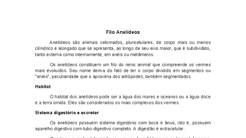 Filo Anelídeos B: Estrutura e Funções dos Anelídeos - Studocu