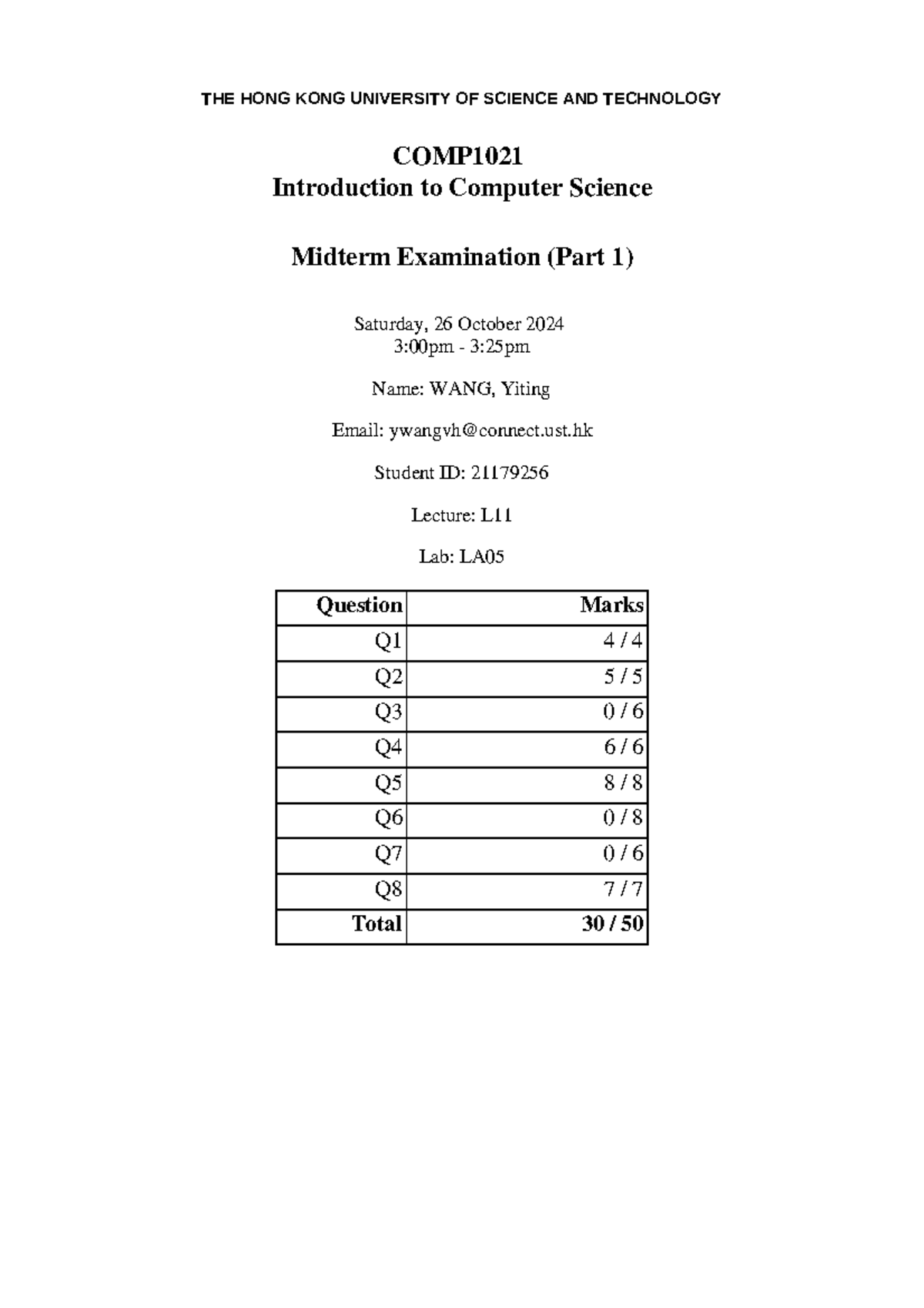 COMP1021 Fall 2024 Midterm Exam (Part 1) Solutions for WANG, Yiting - Studocu