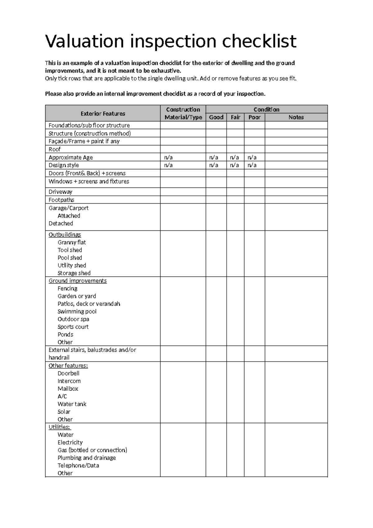 A2 External Inspection Checklist-2 - Valuation inspection checklist ...