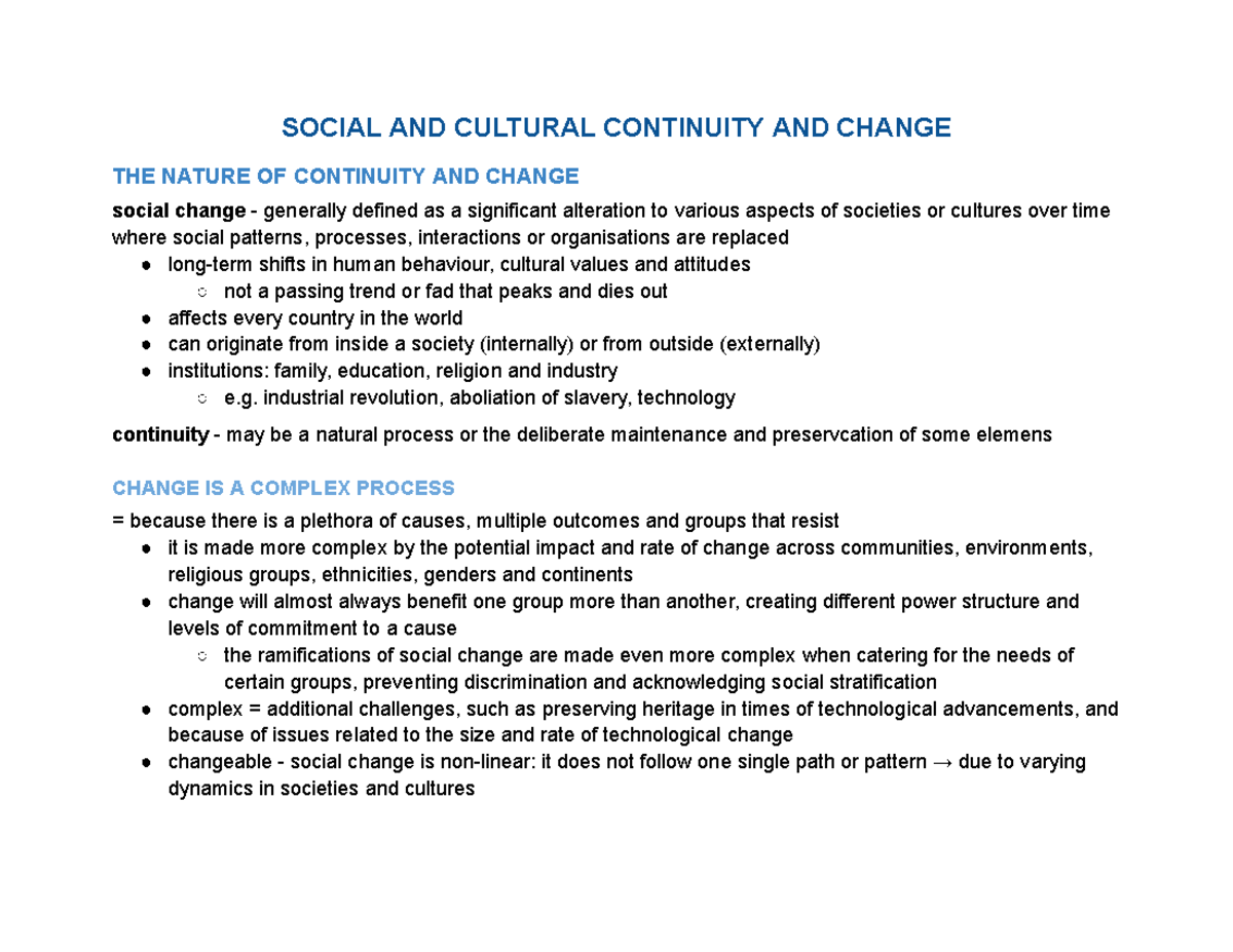 SOCIAL AND CULTURAL CONTINUITY AND CHANGE: A COMPREHENSIVE STUDY - Studocu