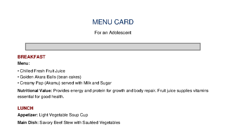 Adolescent Menu Card for WAEC: Balanced Breakfast, Lunch & Dinner - Studocu
