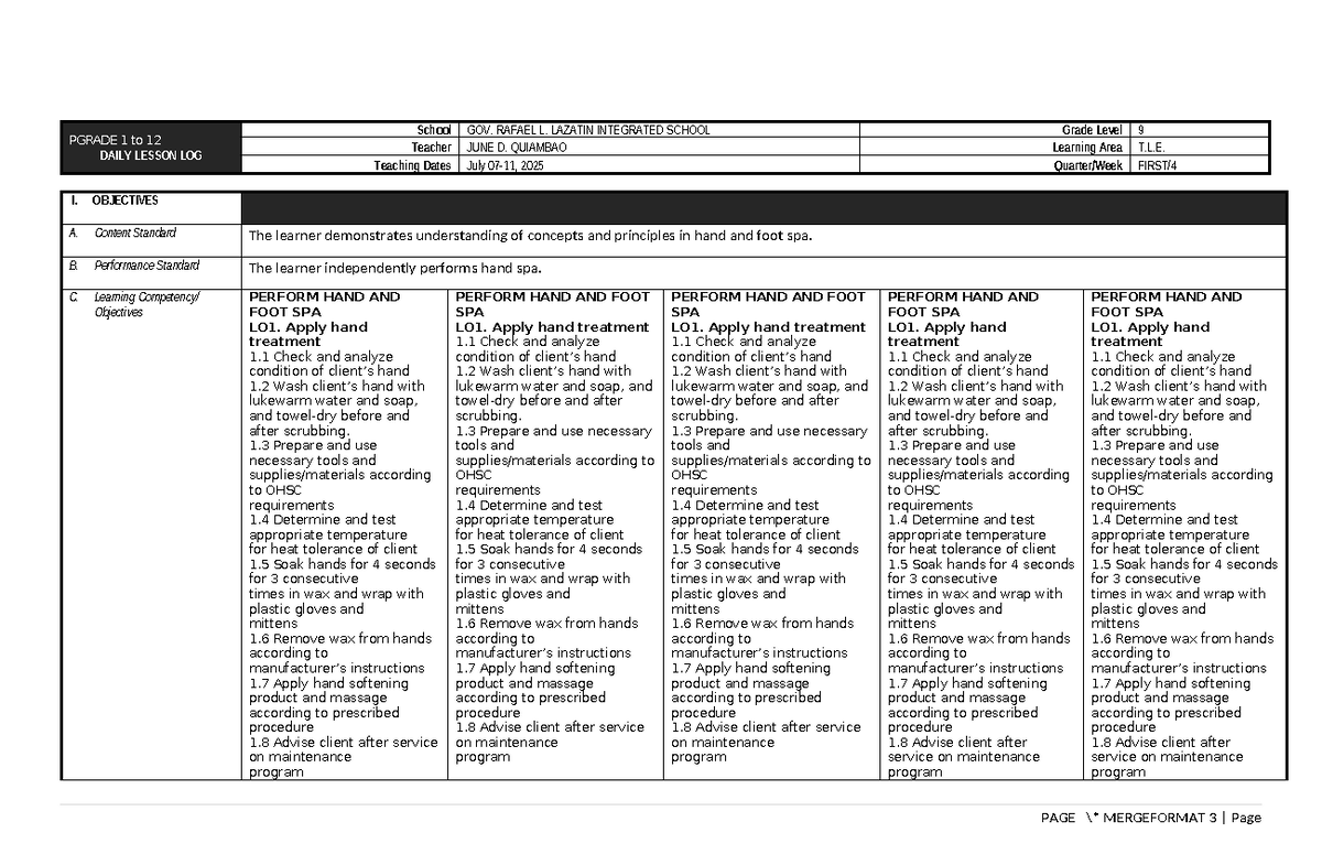 TLE9-Q1-Week 4 - Daily Lesson Log on Hand and Foot Spa Techniques - Studocu