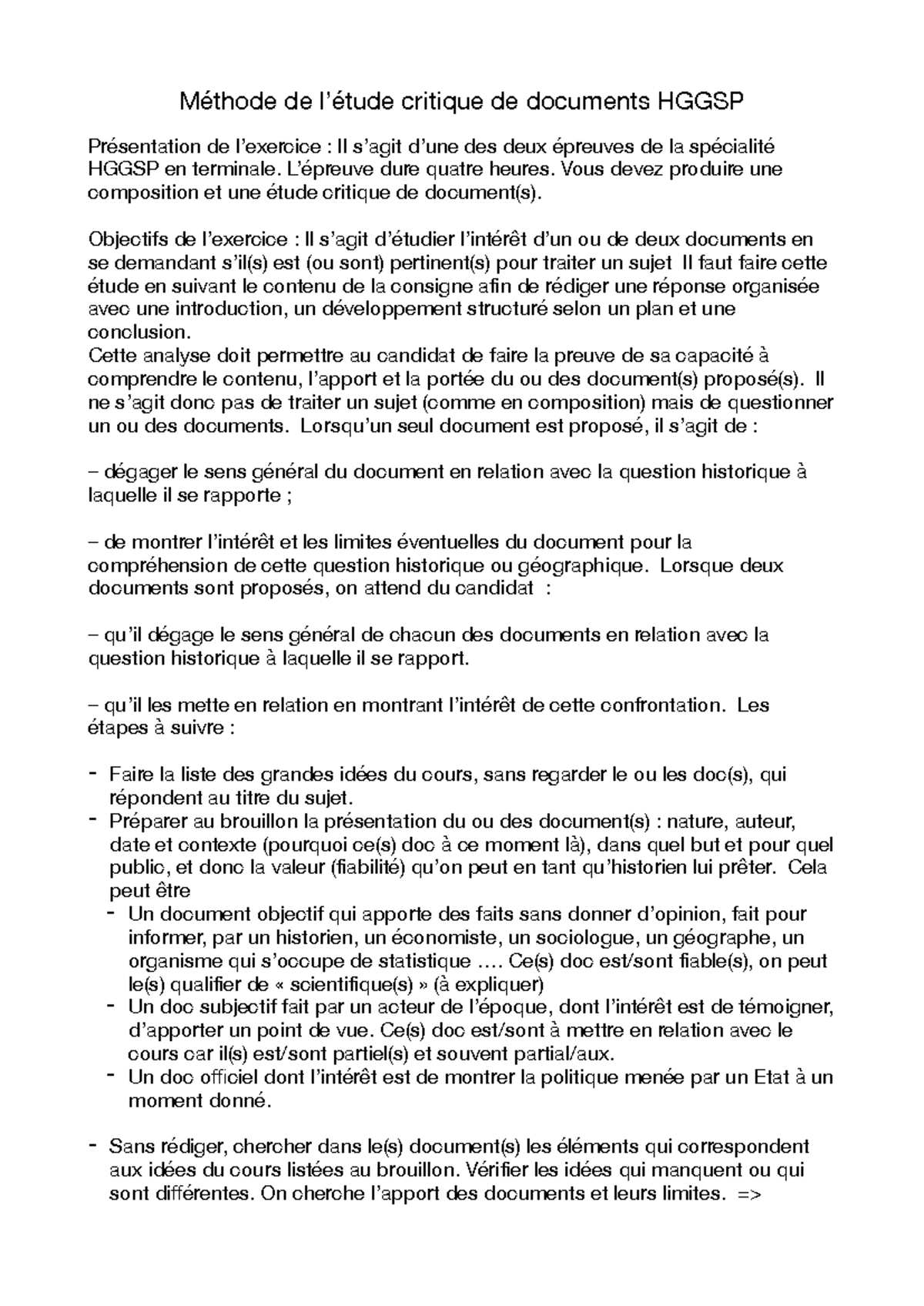 Méthode d'Étude Critique de Documents HGGSP - Exercice Terminale - Studocu