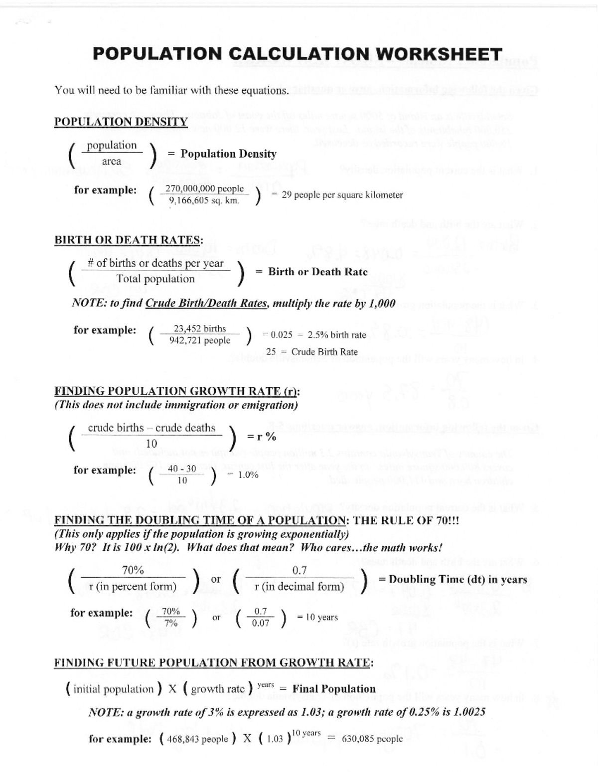 Population calculation worksheet answers - BSE Science - Studocu