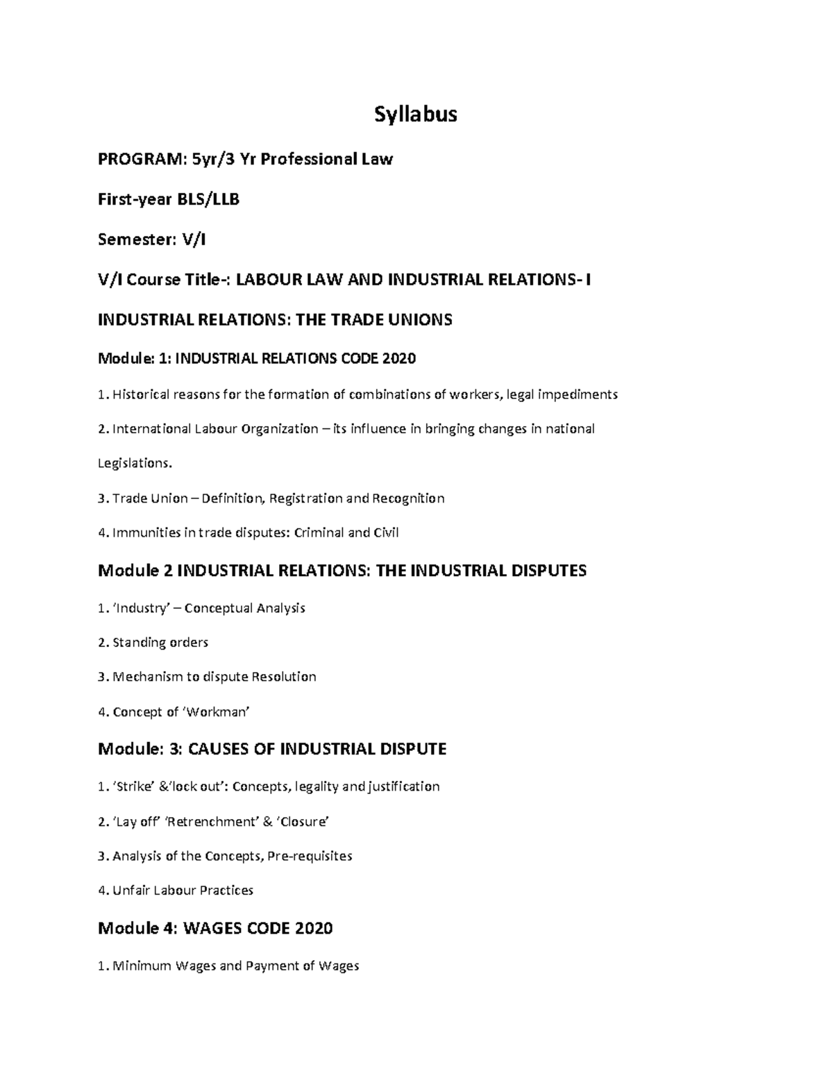 Labour Law and Industrial Relations Syllabus: BLS/LLB 75-25 Pattern ...