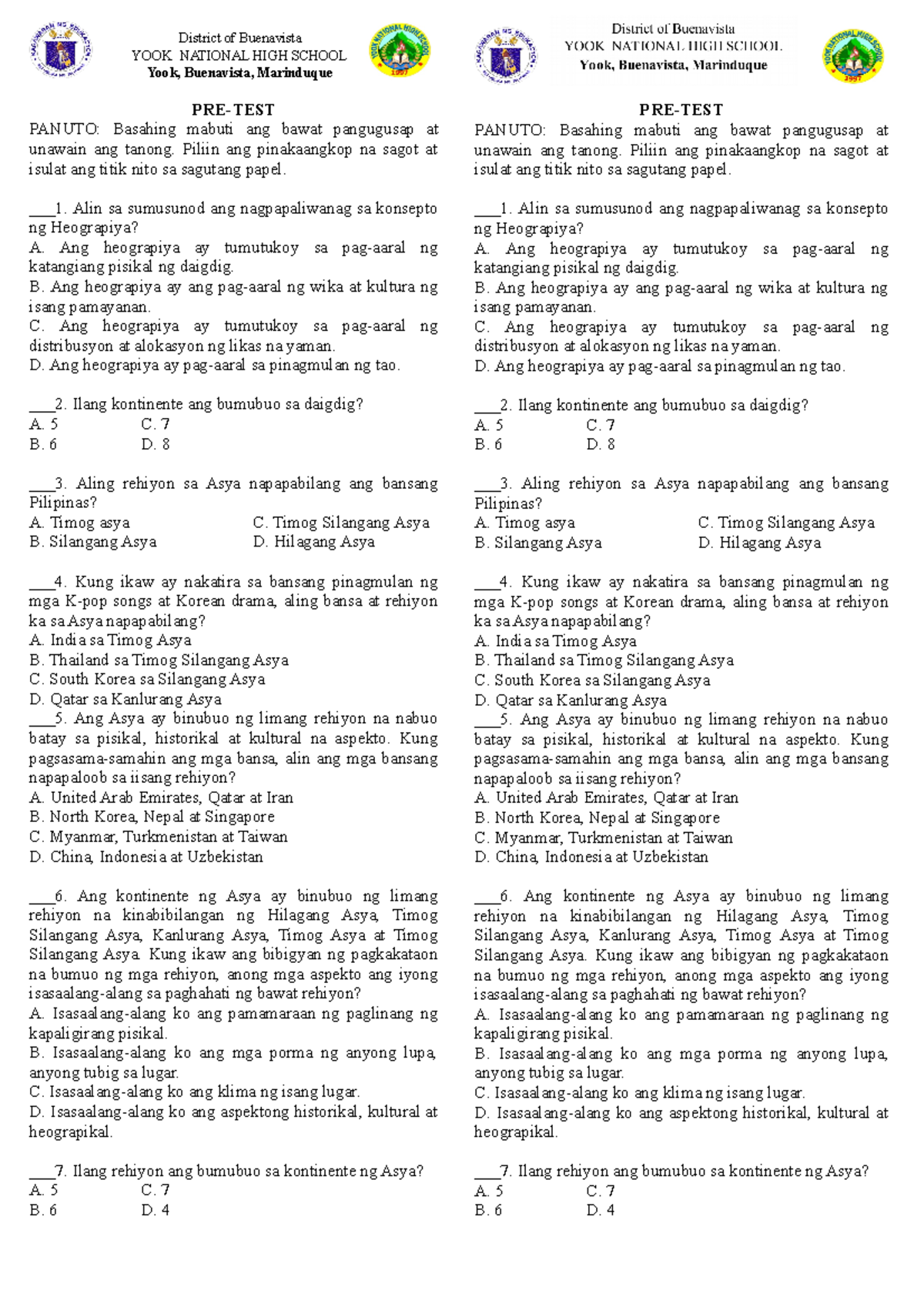 Pre-Test AP 7 - PRE-TEST PANUTO: Basahing mabuti ang bawat pangugusap ...