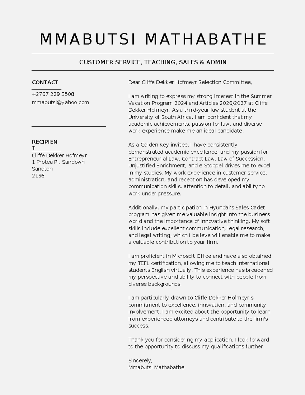 Motivational Letter for Summer Program 2024 - Mmabutsi Mathabathe - Studocu
