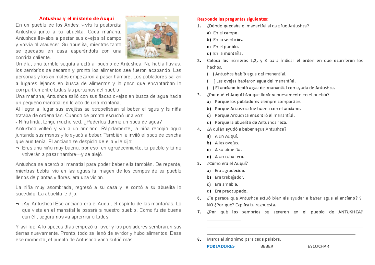 Antushca y el Misterio del Auqui: Un Cuento Andino y Preguntas - Studocu