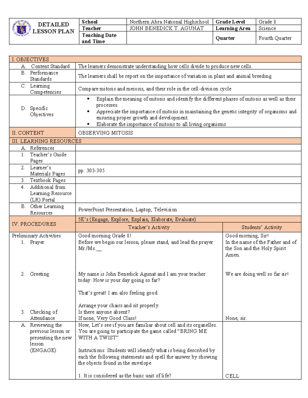 Grade 8 Science Lesson Plan: Mitosis and Cellular Reproduction - Studocu